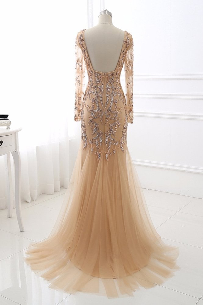 Daisda Beautiful Champagne V-Neck Long Sleeves Evening Dress Mermaid Tulle Ruffles with Beadings ...