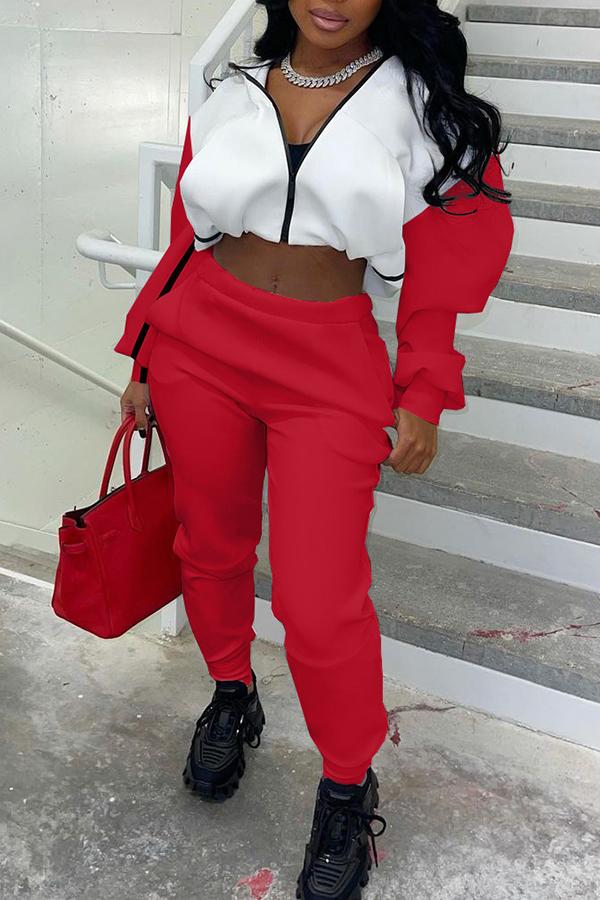 Sports Contrast Color Zipper Cropped Top Pant Suits