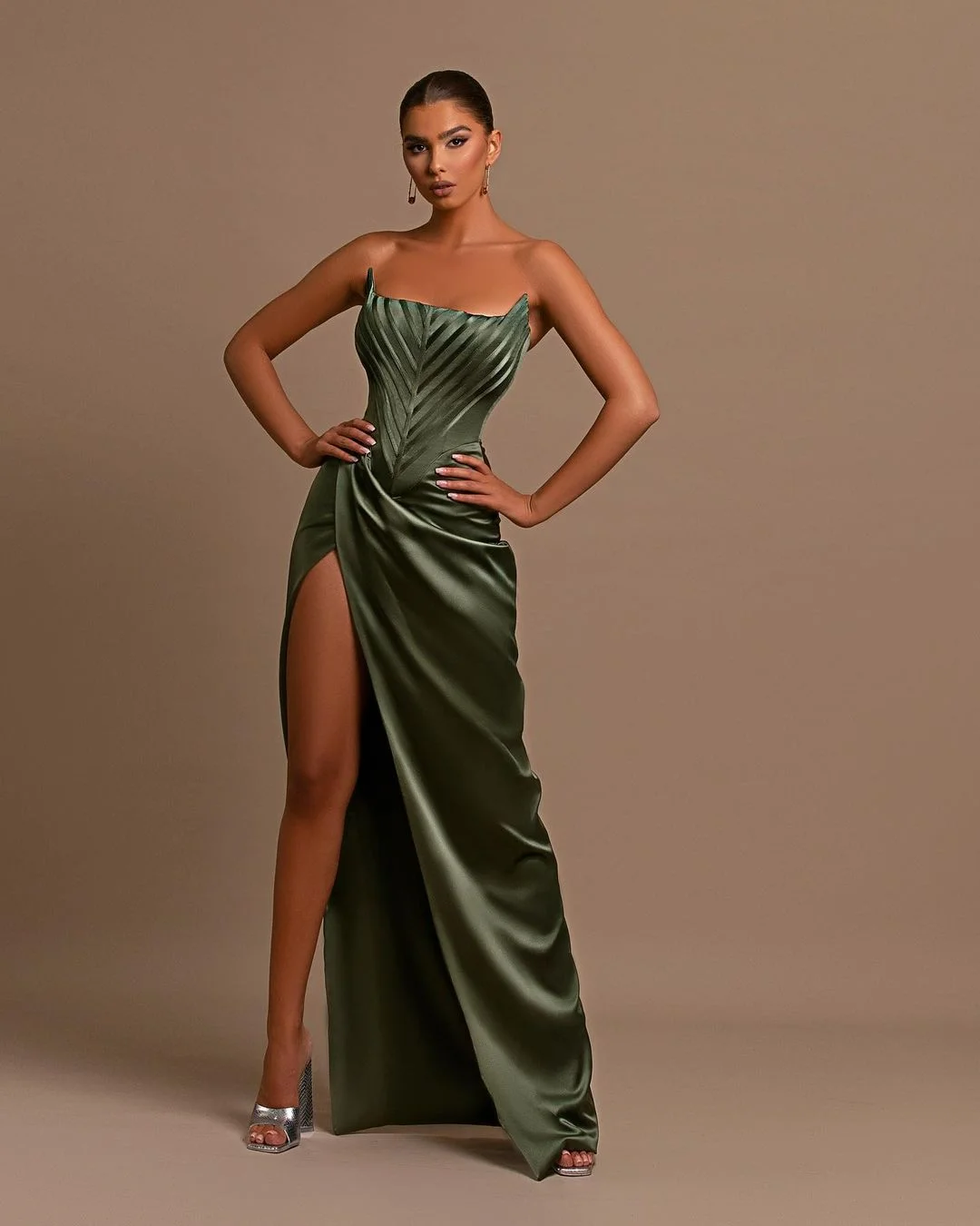 Miabel Elegant Dark Green Square Neck Slit Sleeveless Prom Dress With ...