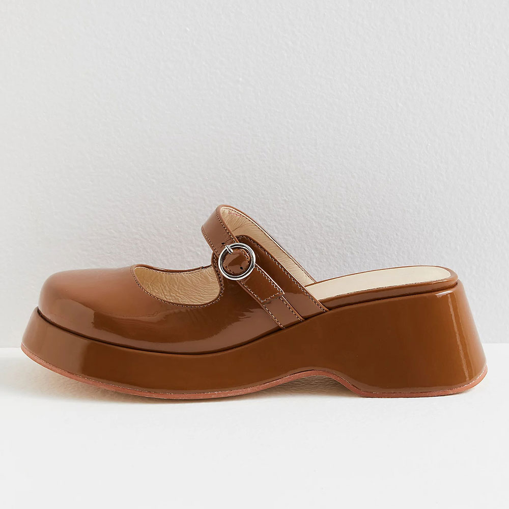 Brown Patent Leather Round Toe Chunky Heel Buckled Platform Mules
