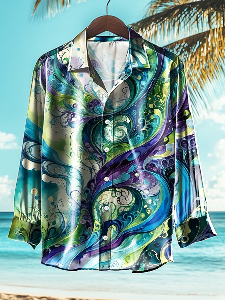 Men's Vintage Color Line Art Print Premium Satin Shirt