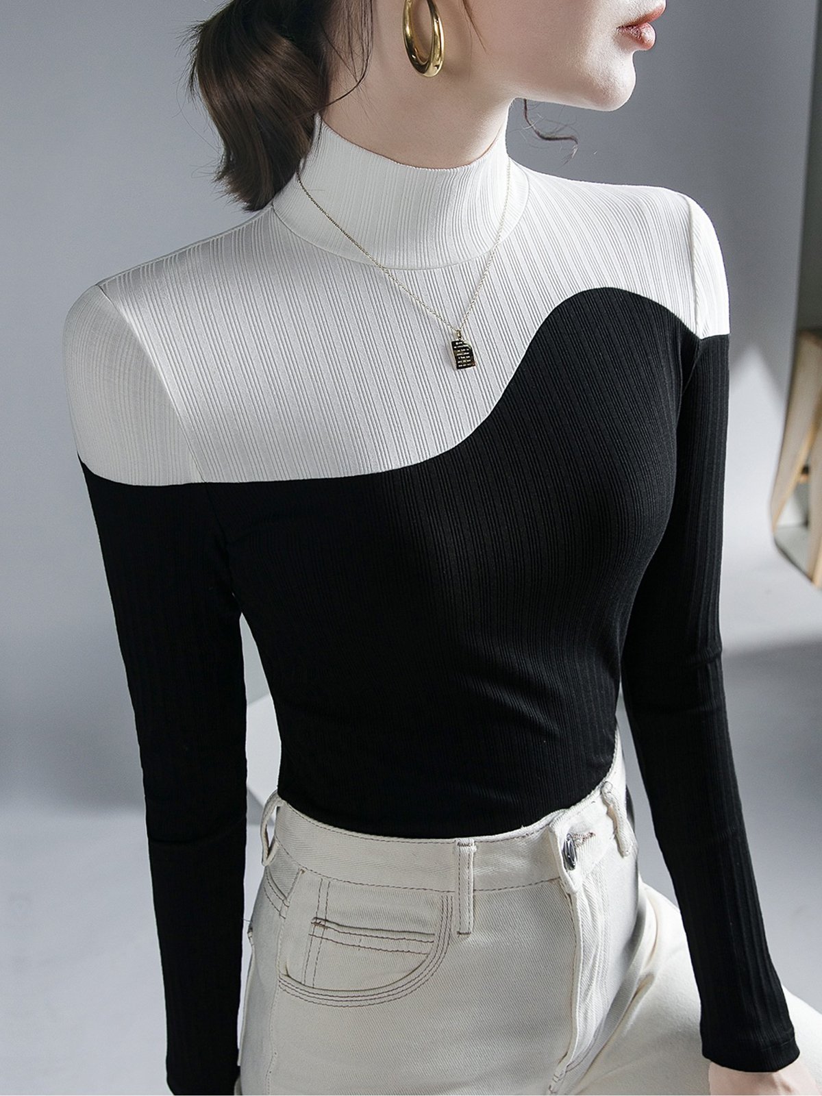 Urban Long Sleeve Color Block Stand Collar T-Shirt