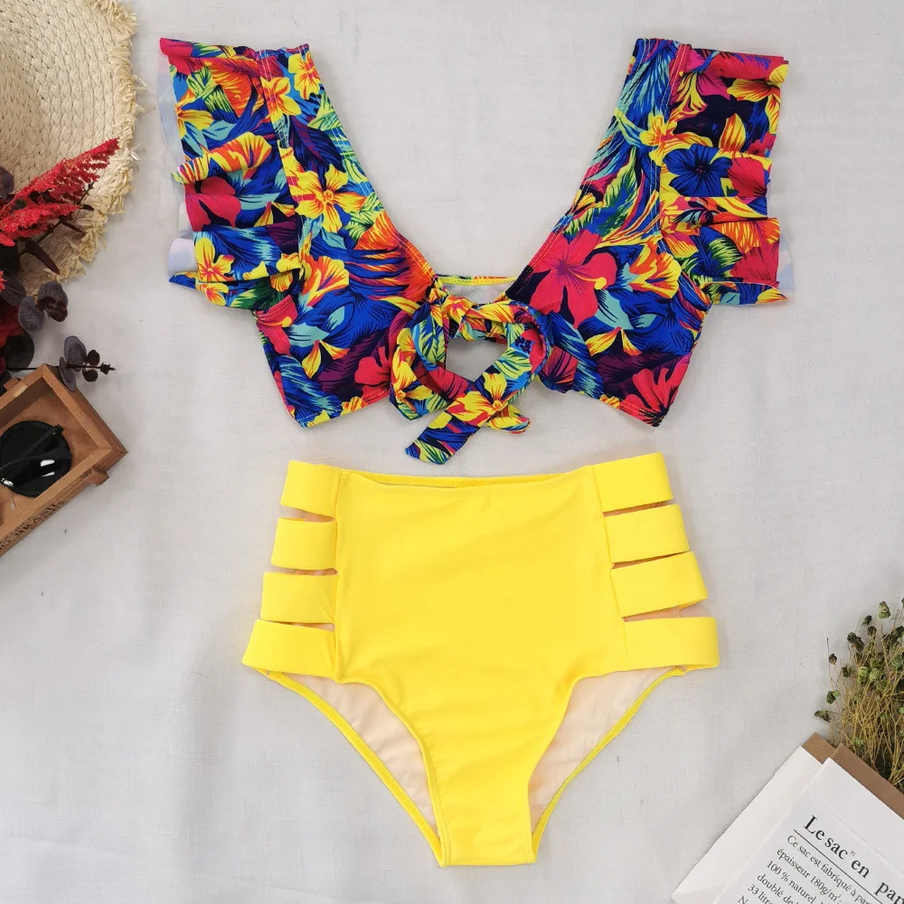 Yyvonne Bikini2025 New Lotus Edge Bikini Split Swimsuit Sexy High Waist