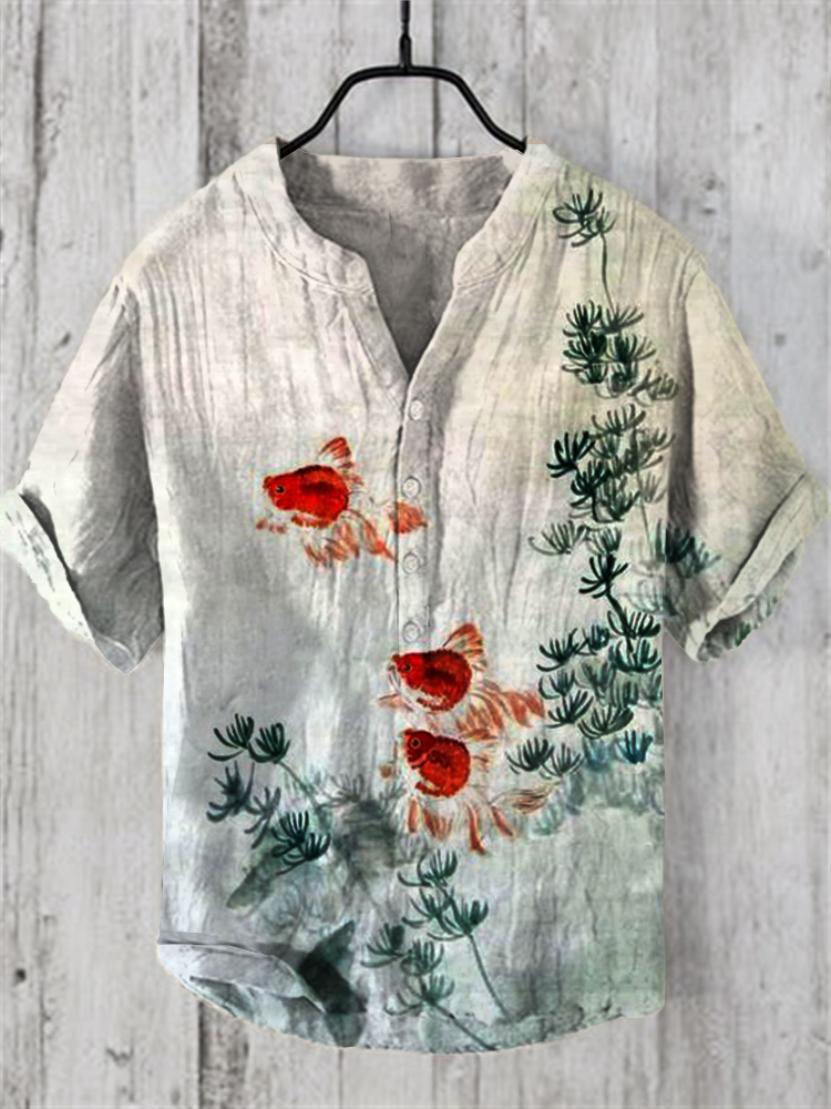 Men's Vintage Japanese Art Goldfish And Bamboo V Neck Casual Linen Ble