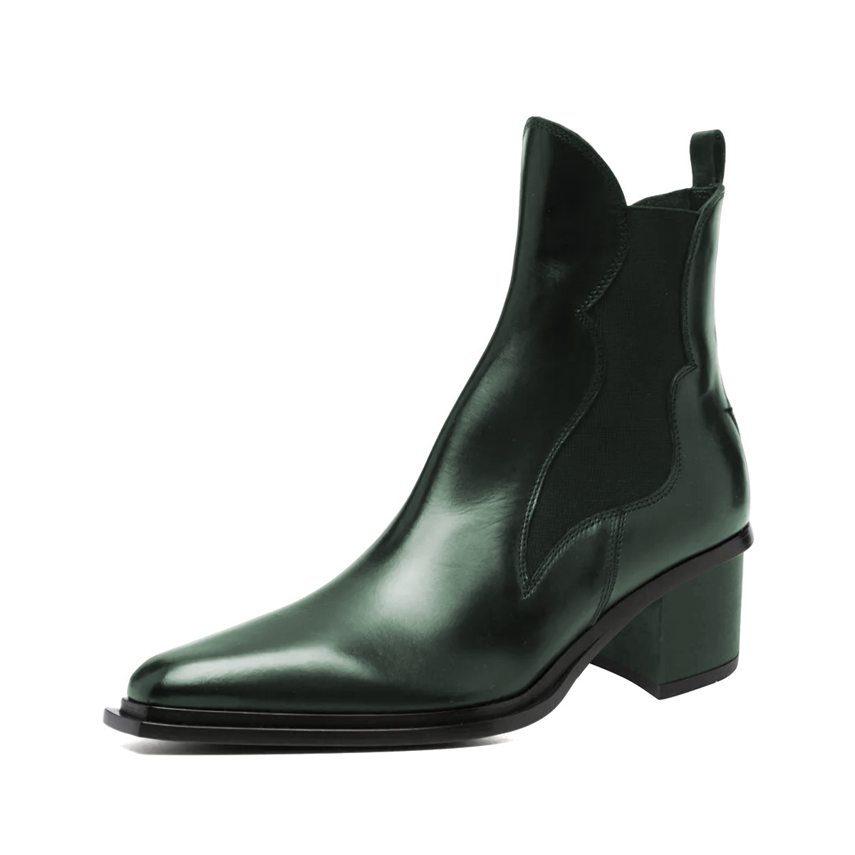 Green Block Heel Pull Tab Elastic Side Panel Square Toe Boots