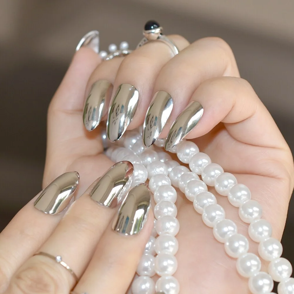 Mirror Silver False Nails STILETTO Point Metallic Acrylic Nail Tips ...