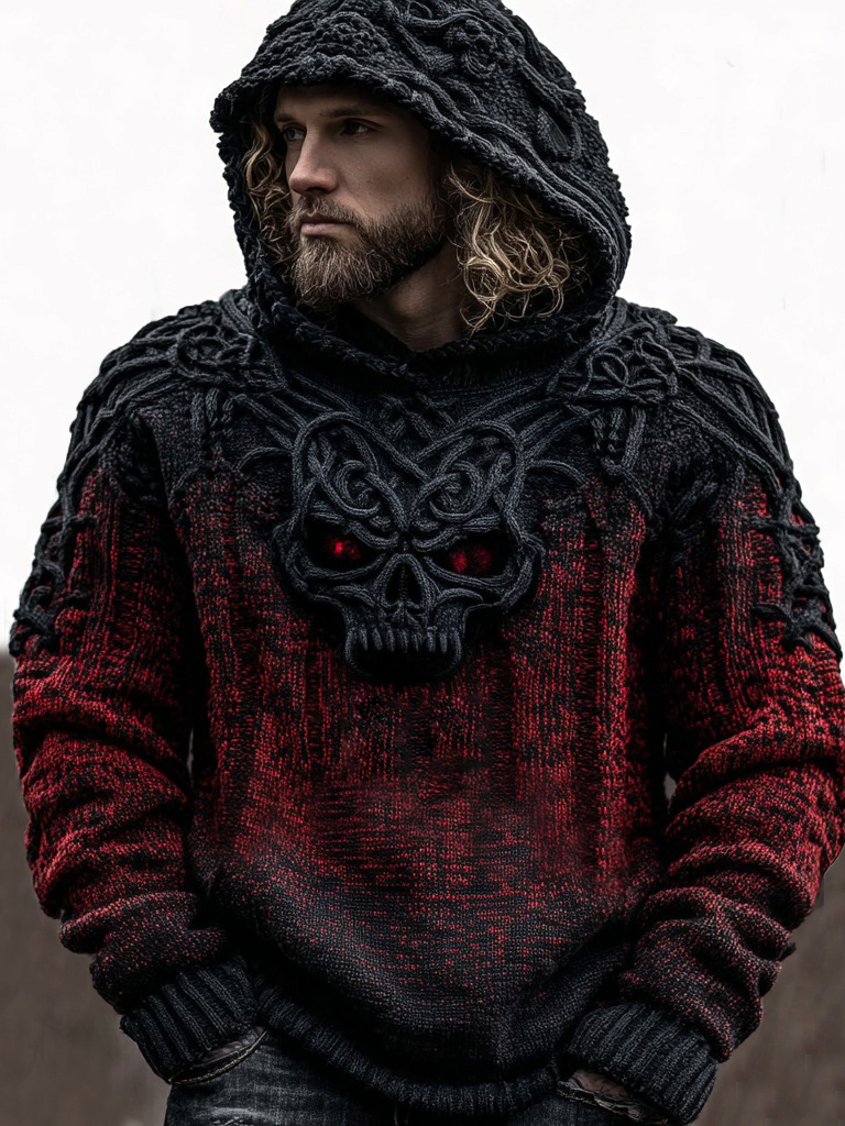 Men's Viking Demonic Skull Celtic Knot Jacquard Knit Hooded Sweater