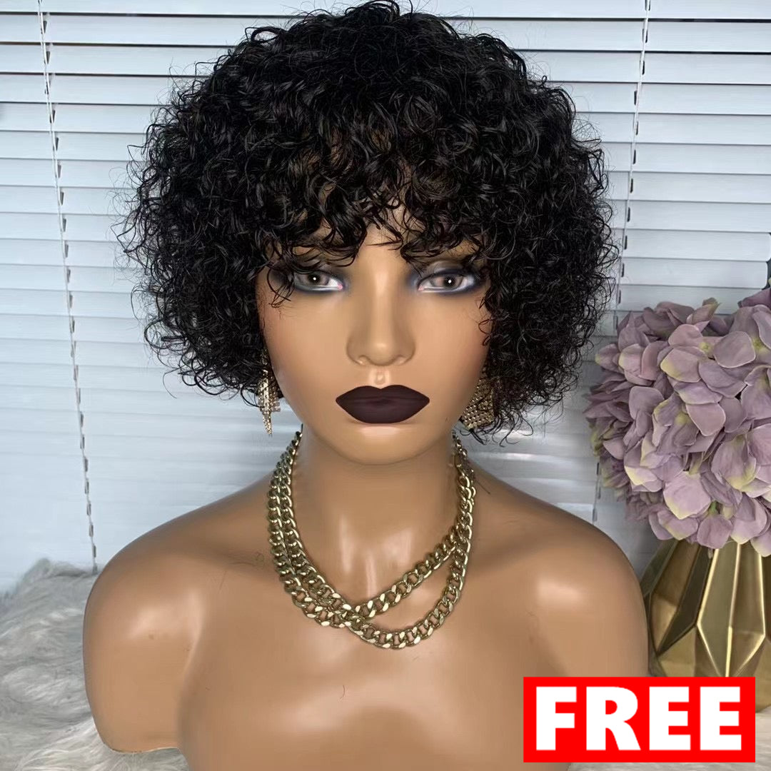 Full Machine Made Wig Short Curly Pixie Cut Virgin Human Hair Wig