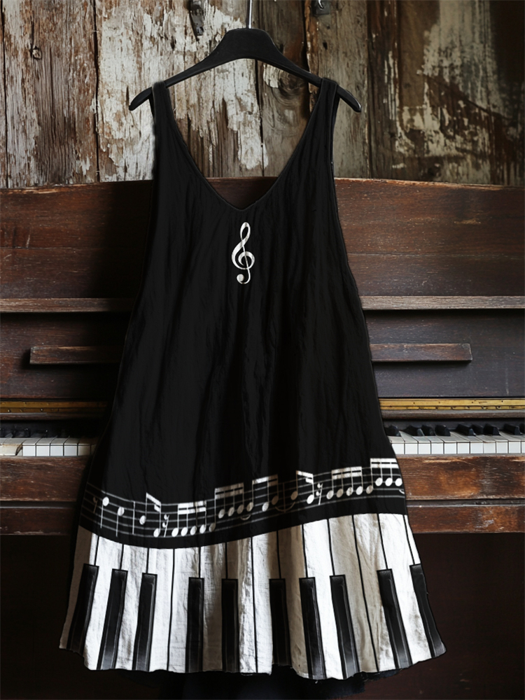 Vintage Treble Clef Music Notes Piano Contrast Linen Dress