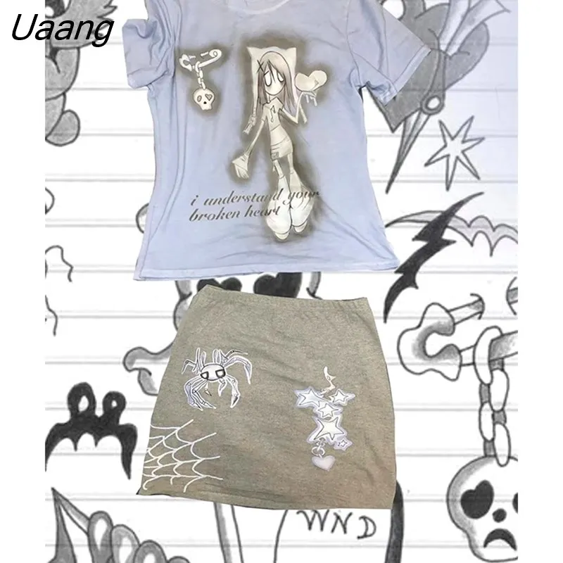 Uaang Y2k Aesthetics Skirt Suit Grunge Gothic 2 Piece Set E-girl 2000s ...