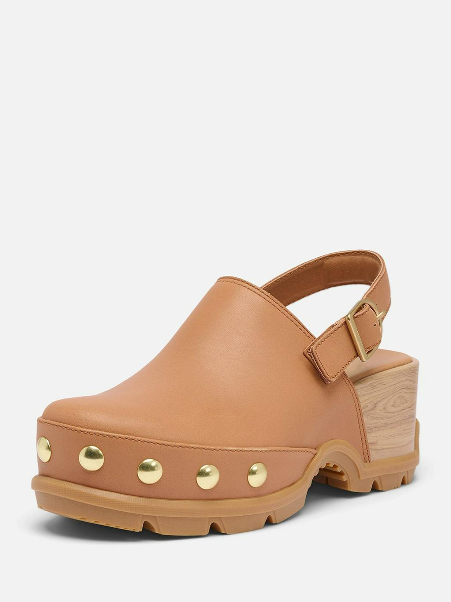 Tan Buckle Slingback Round Toe Block Heeled Clogs with Platform