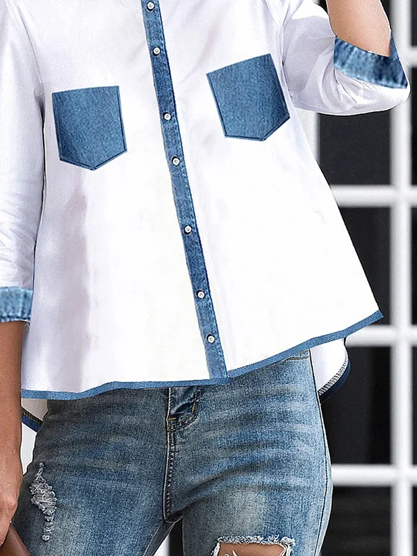 Elegant A-Line High-Low Buttoned Pockets Mock Neck Blouses & Shirts Tops
