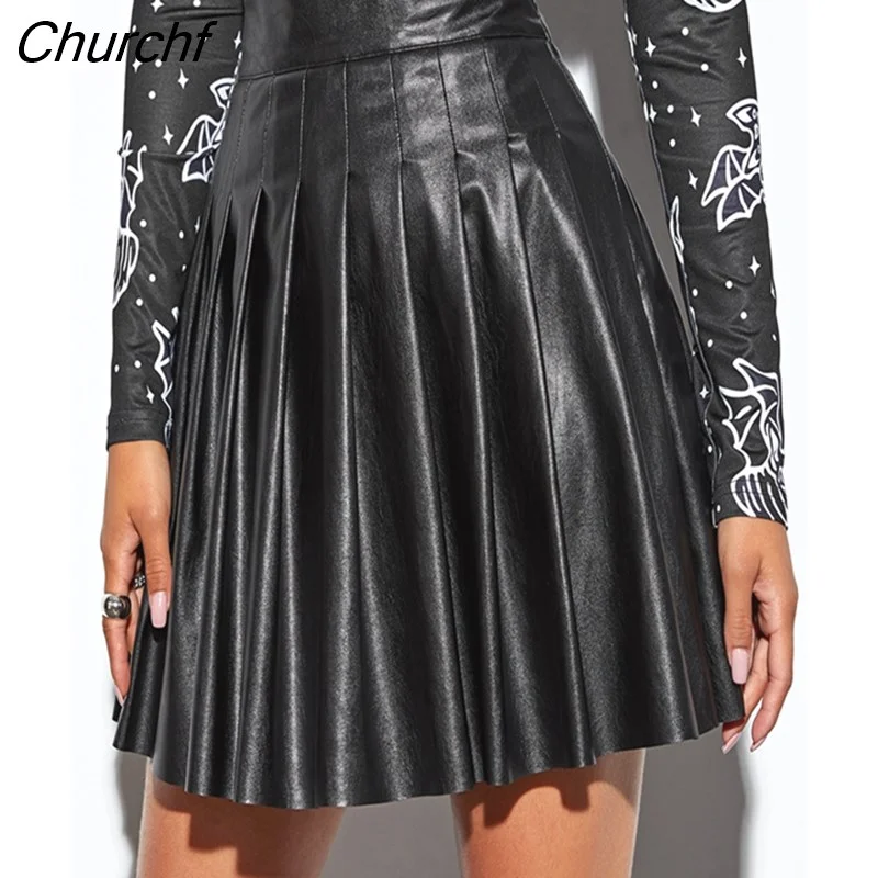 Churchf Women High Waist PU Leather Pleated Skirt Fashion Solid Color ...