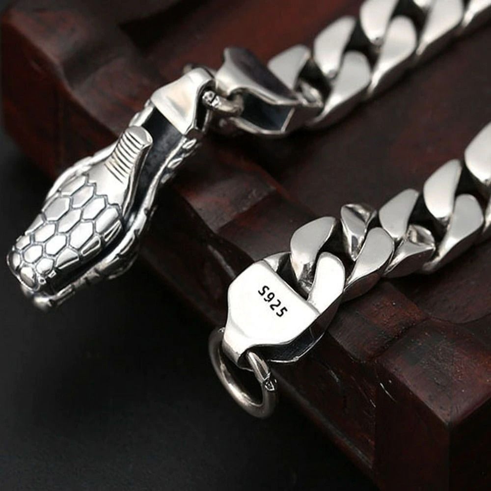 925 Sterling Silver Snake Head Buckle Bare Body Men's Bracelet