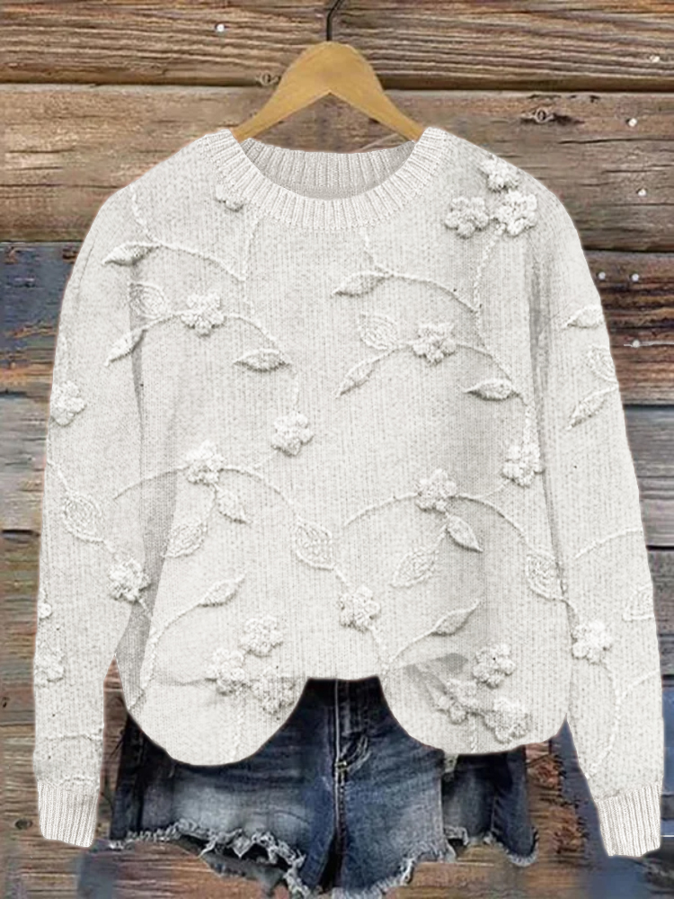 Classy Floral Embroidered Cozy Knit Sweater