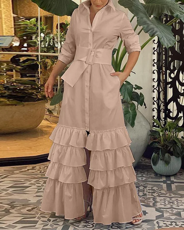 Layered Ruffled Elegant Lace-up Dress