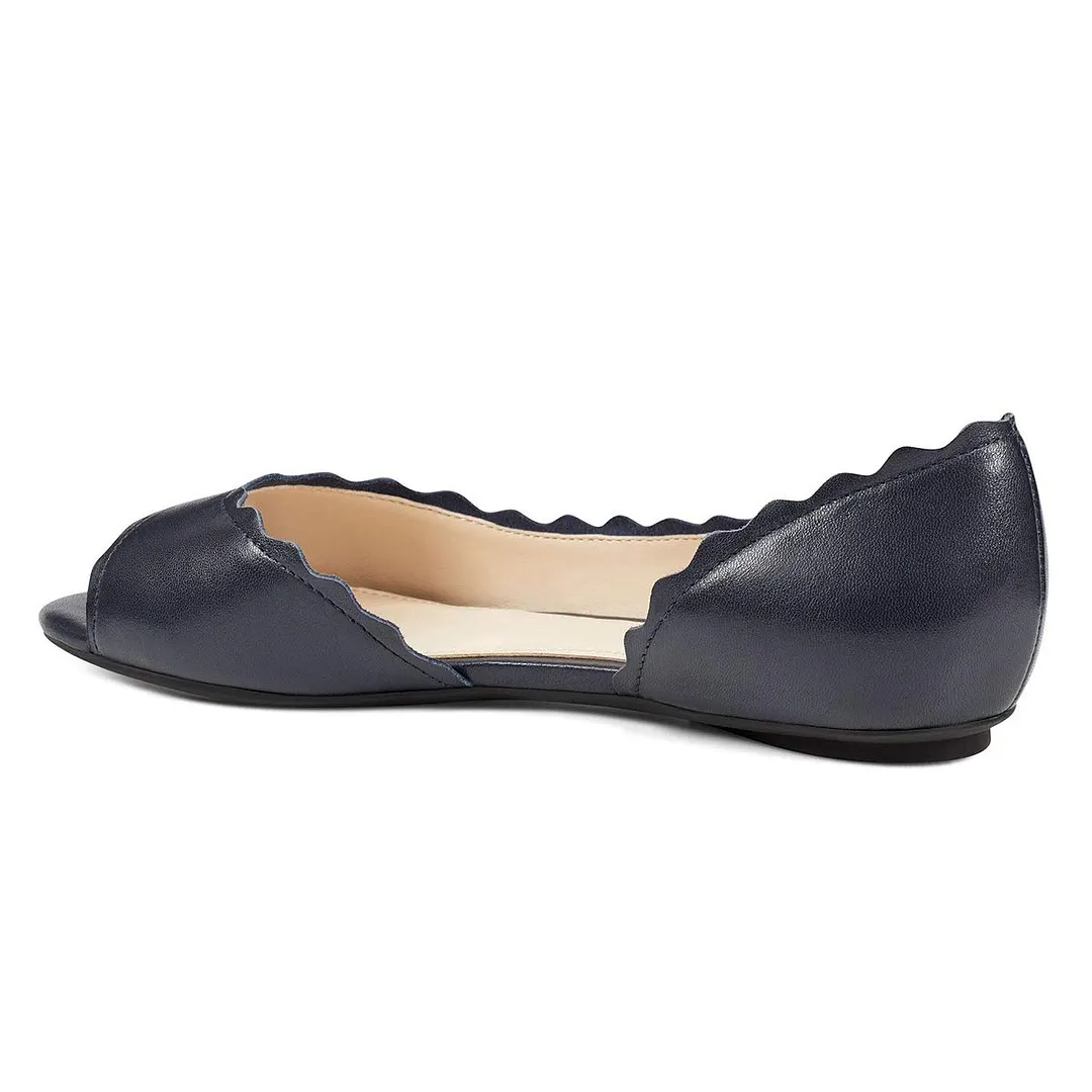 Black Leather Opened Toe Formal Flat Pumps