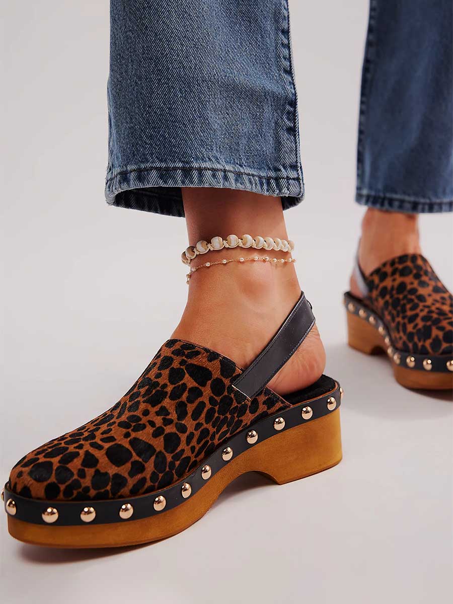 Leopard Print Round Toe Studded Slingback Heeled Clogs with Platform