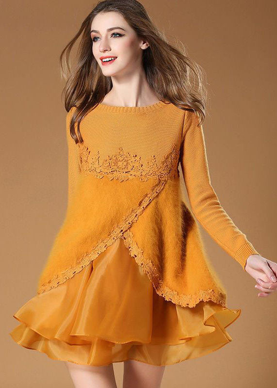Elegant Yellow Side Open Organza Patchwork Fuzzy Fur Fluffy Mini ...