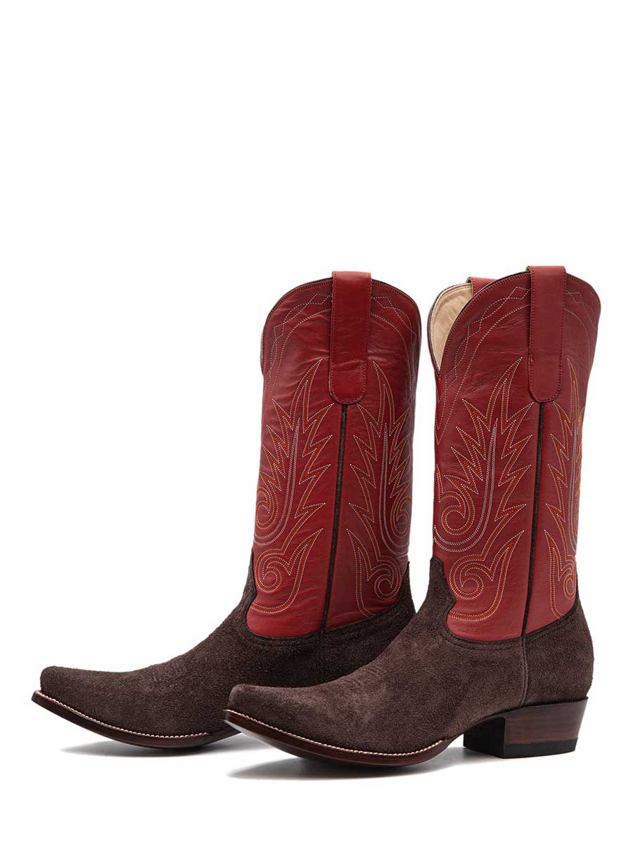 Brown and Maroon Embroidered Mid-Calf Cowgirl Boots with Chunky Heel