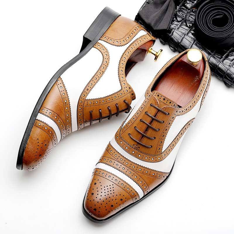 Mens Tan White Leather Brogue Oxford Dress Shoes - Business
