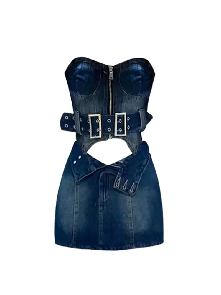 Zingj Womens Summer Denim Two Piece Set Suit Zipper Short Sleeve