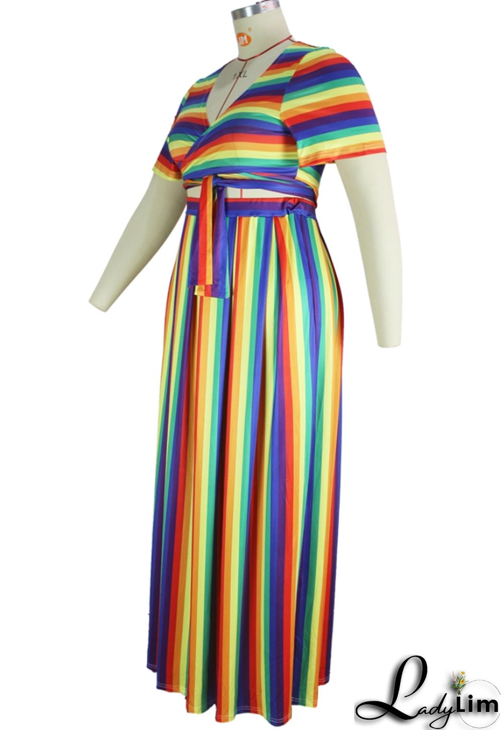 Wholesale Summer Plus Size Rainbow Crop Top and Long Skirt Set Online