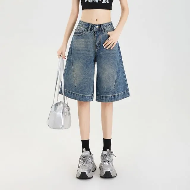 Mid Rise Washed Wide Leg Jorts