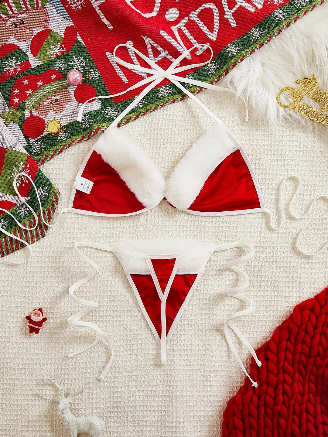 Woherb Red Velvet Bowknot Fur Bra And Panty Lingerie Set