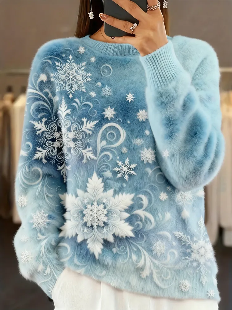 Classy Christmas Snowflake Pattern Cozy Plush Sweater