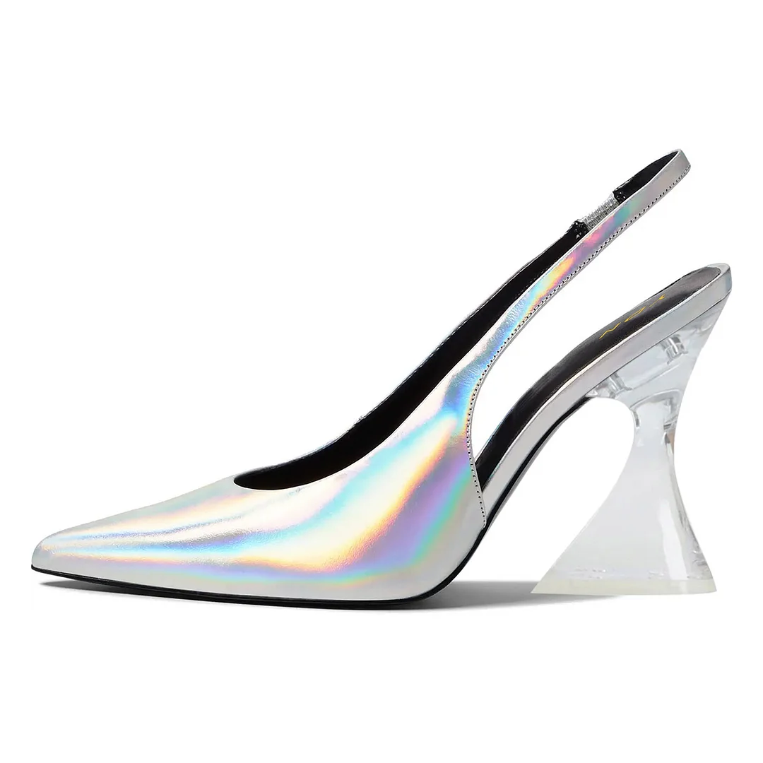 Women's Silver Holographic Flared Heel Pointed Toe Slingback Pumps