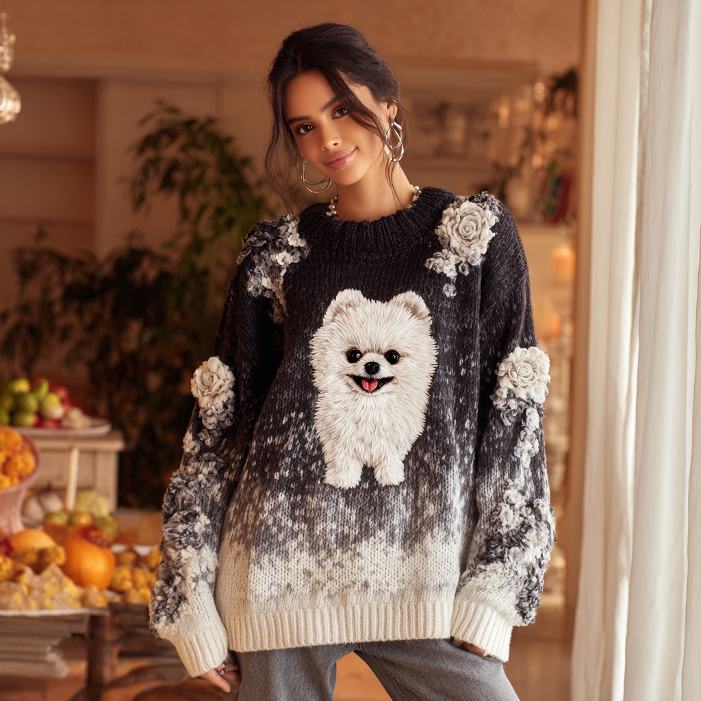 Vintage Rose And Pomeranian Puppy Gradient Cozy Knit Sweater