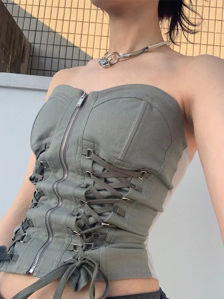 Uveng Zip Up Corset Top y2k Chic Bandage Bodycon Bustier Crop Tanks Fairycore Grunge Women's ...