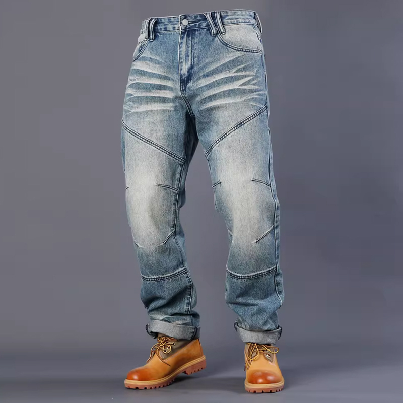 American Style Loose Straight Stitching Distressed Washed Jeans