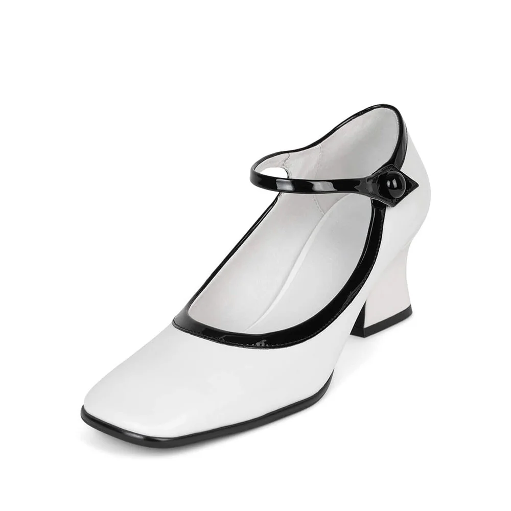 White Square Toe Block Heel Black Lining Mary Jane Pumps