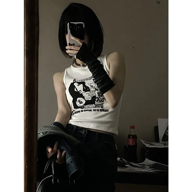 GOTHIC PUNK PRINT RIB CROP TANK TOP