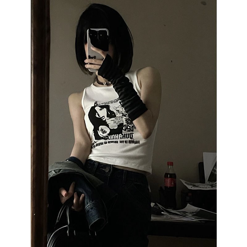 GOTHIC PUNK PRINT RIB CROP TANK TOP