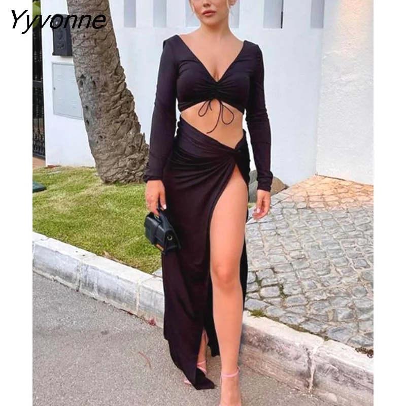 Yyvonne Sexy Split Maxi Skirt Suits Women 2023 New V Neck Long Sleeve