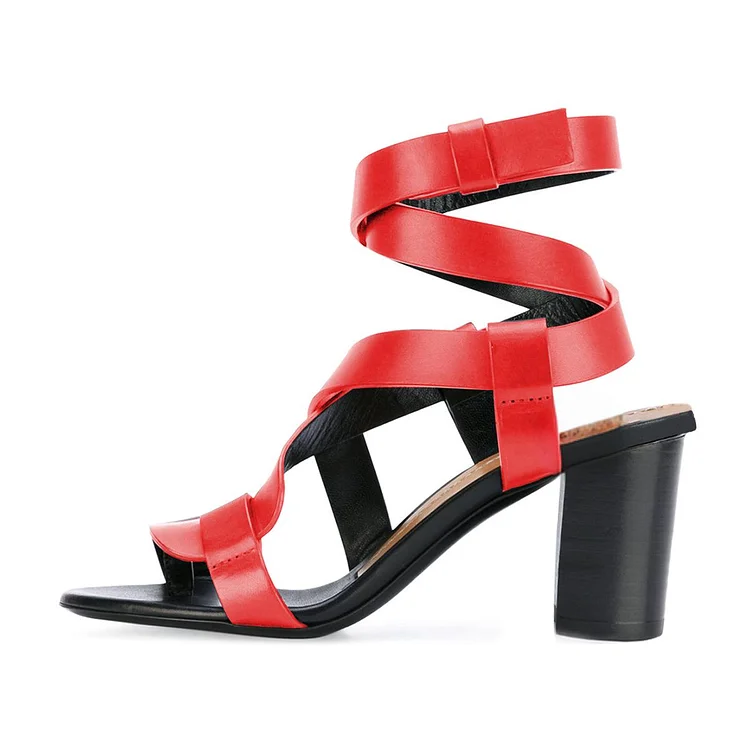 Red Block Heel Toe-knob Strappy Sandals Vdcoo