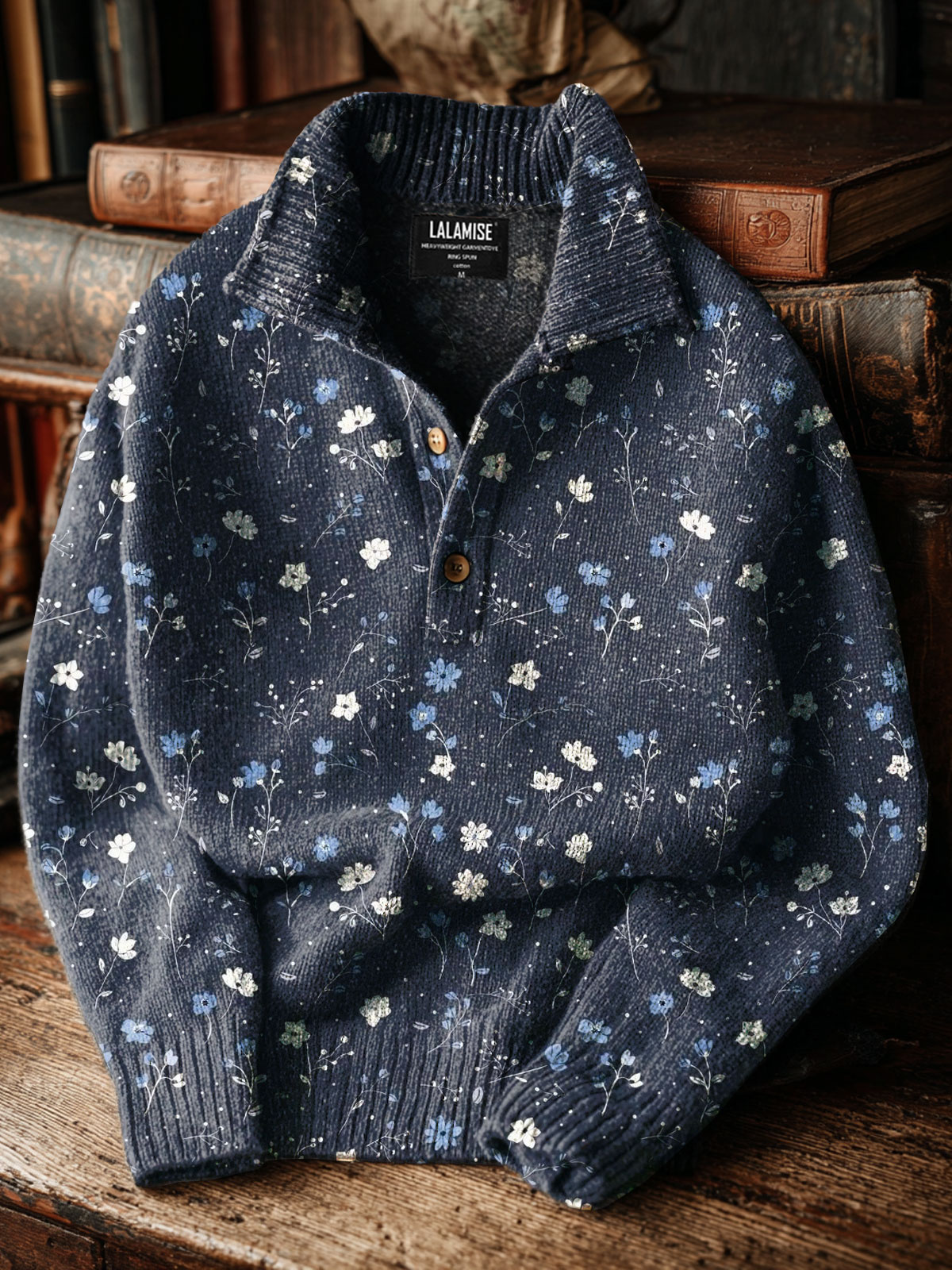 Vintage Flower Art Print Button Stand Collar Knit Pullover Sweater
