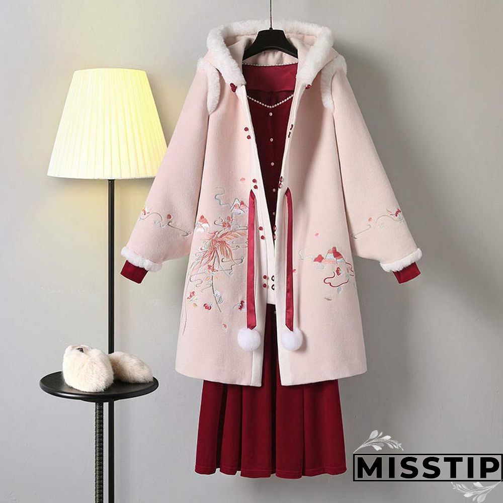 Vintage Embroidery Hooded Coat Dress Set - MissTip