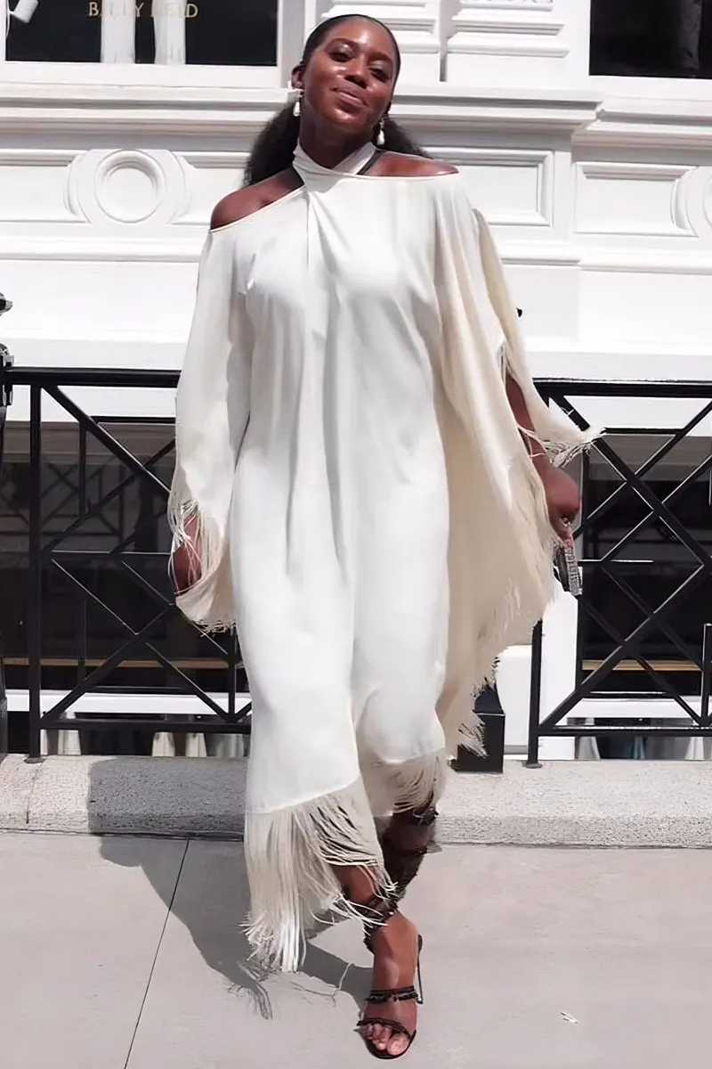 Fringed Cold Shoulder Cape Loose Maxi Dresses