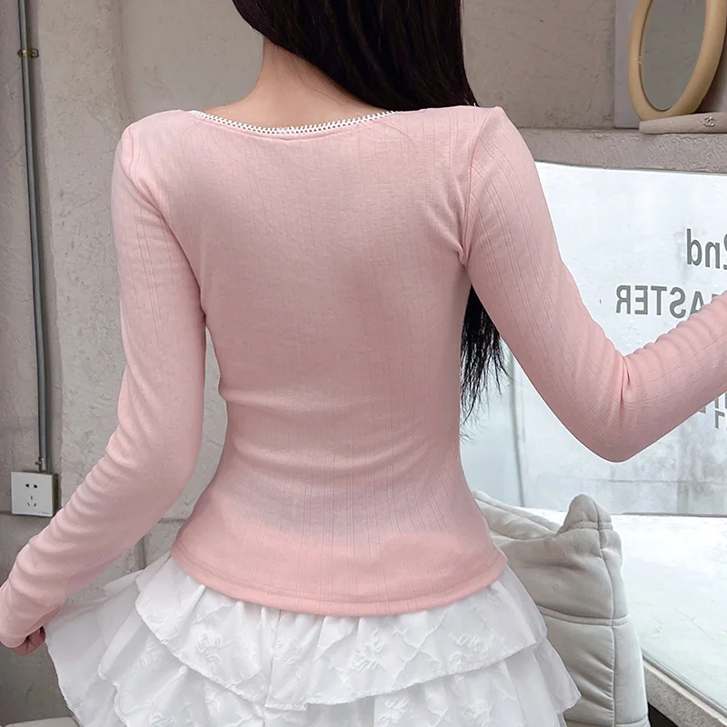 CONTRAST COLOR PLEATED SQUARE NECK LONG SLEEVE TOP