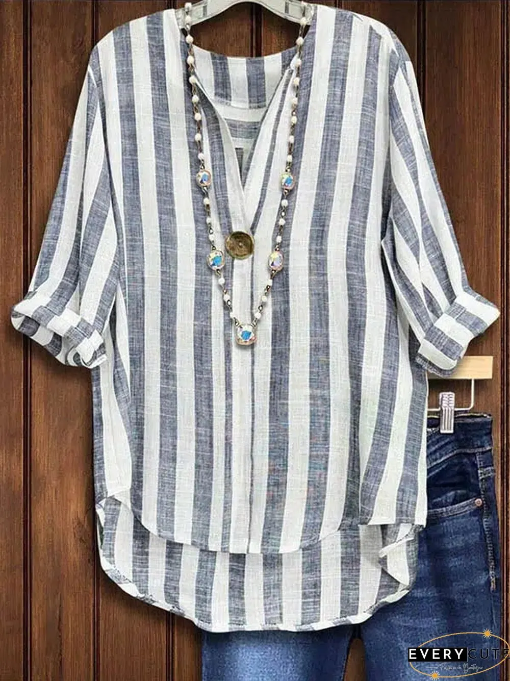 Grey Striped V-Neck Top