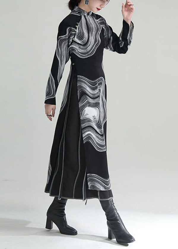 Vintage Black Stand Collar Print Side Open Cheongsam Dresses