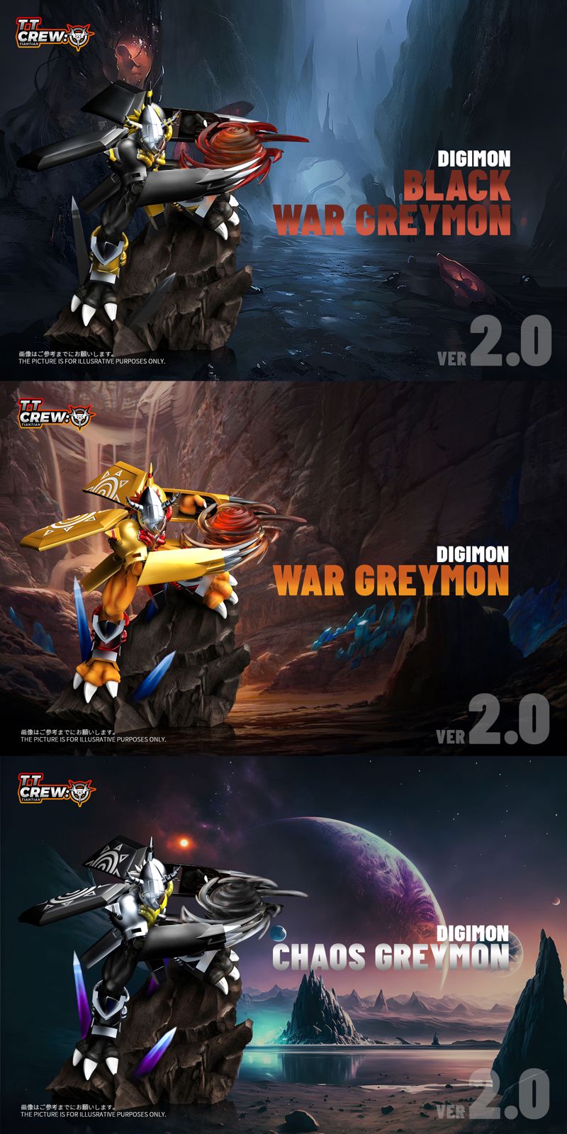 Black WarGreymon & WarGreymon & Chaos Greymon - Digimon Resin Statue ...