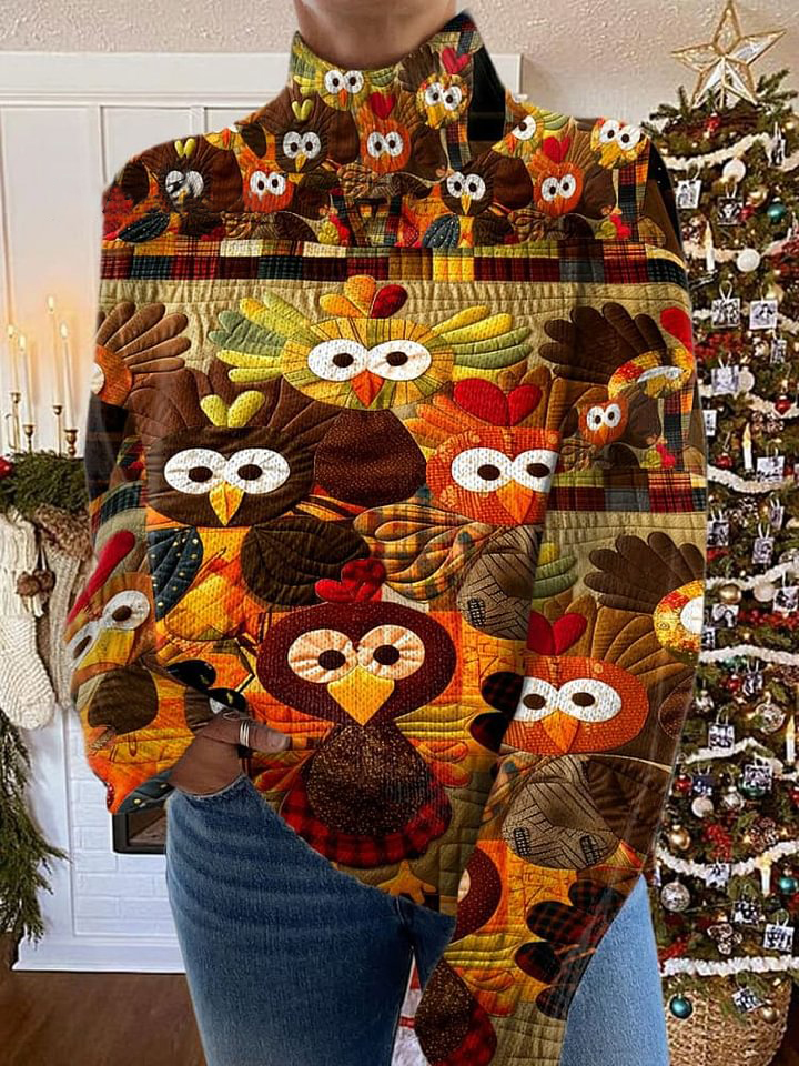 Turkey Art Print Knit Turtleneck Pullover Sweater