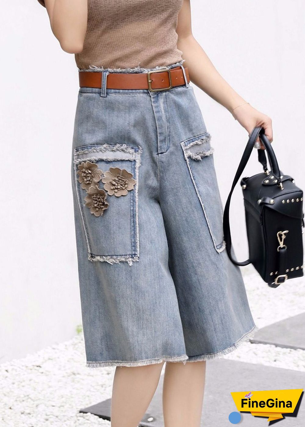 FineGina Chic Blue Floral High Waist Sashes Denim Crop Pants Summer