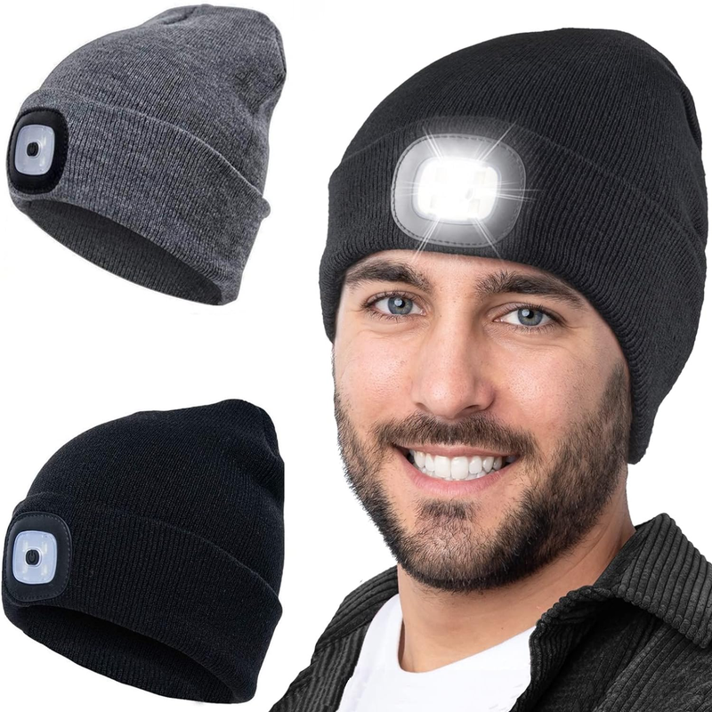 Unisex 2 Pack Outdoor LED Cap Beanie with USB Rechargeable Light Head ...