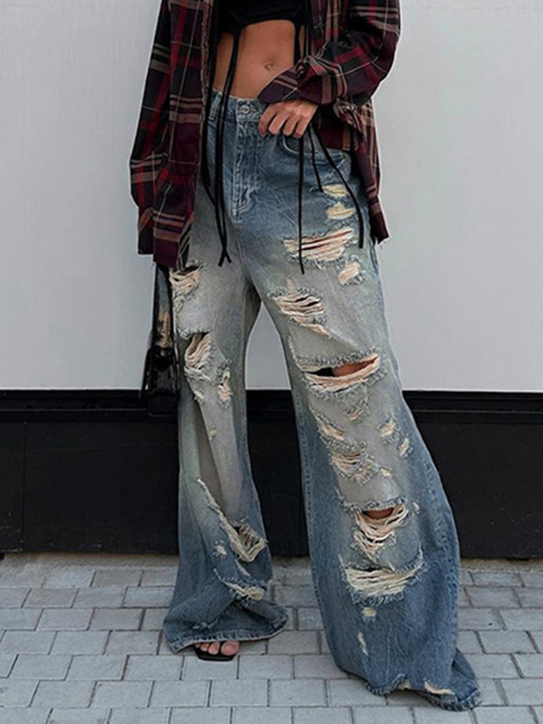 FineGina Vintage Distressed Low Rise Ripped Jeans